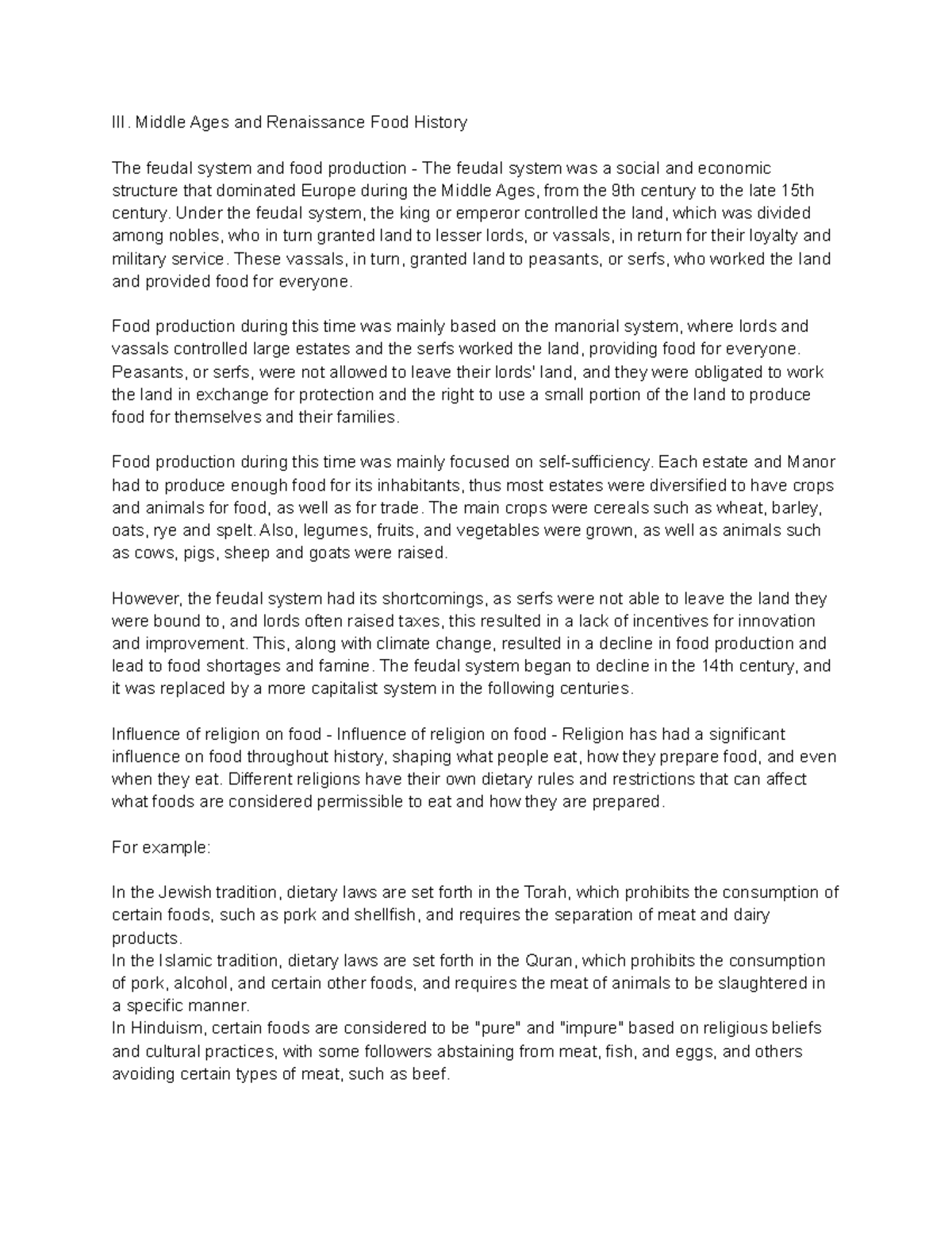 Food History 2 - III. Middle Ages and Renaissance Food History The ...