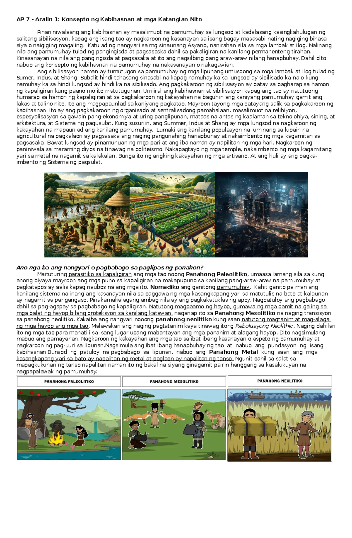 AP 7 Q2 A1 - Summary - AP 7 - Aralin 1: Konsepto ng Kabihasnan at mga Katangian Nito ...