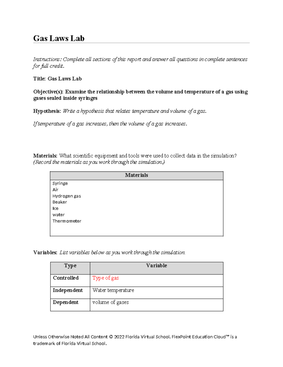 6.05 lab - Lab - Gas Laws Lab Instructions: Complete all sections of ...