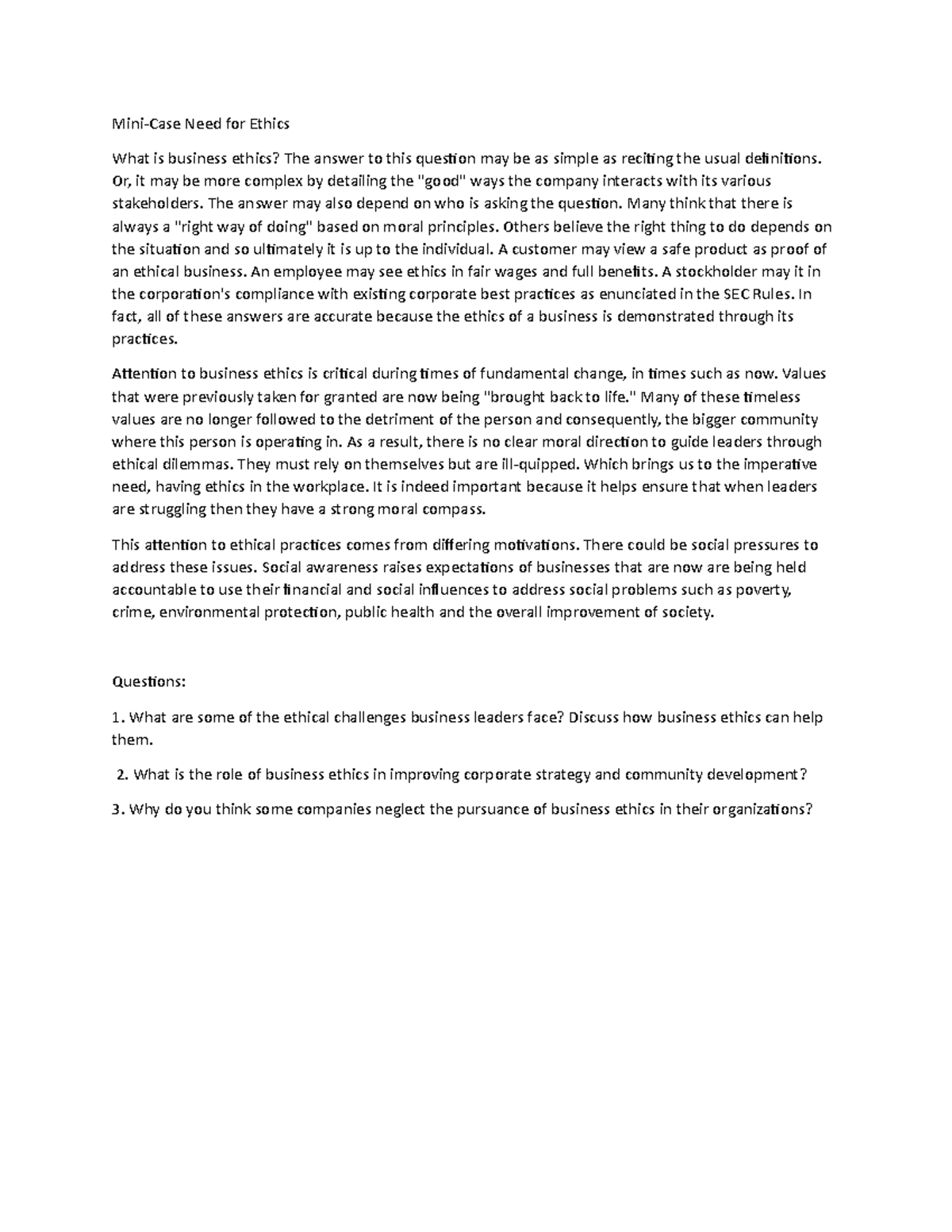 Document economics - Mini-Case Need for Ethics What is business ethics ...