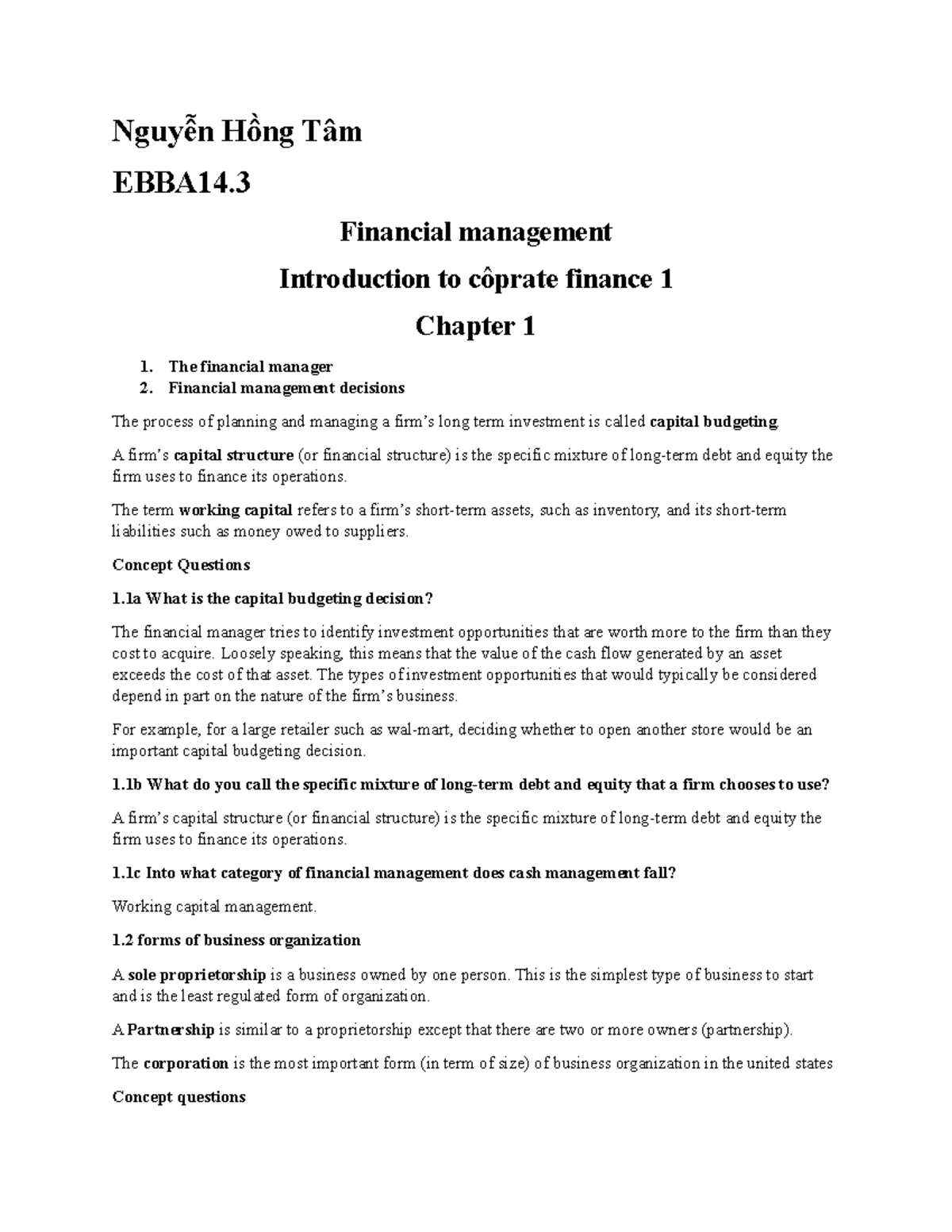 Financial mângement - document - Nguyễn Hồng Tâm EBBA14. Financial management Introduction to ...