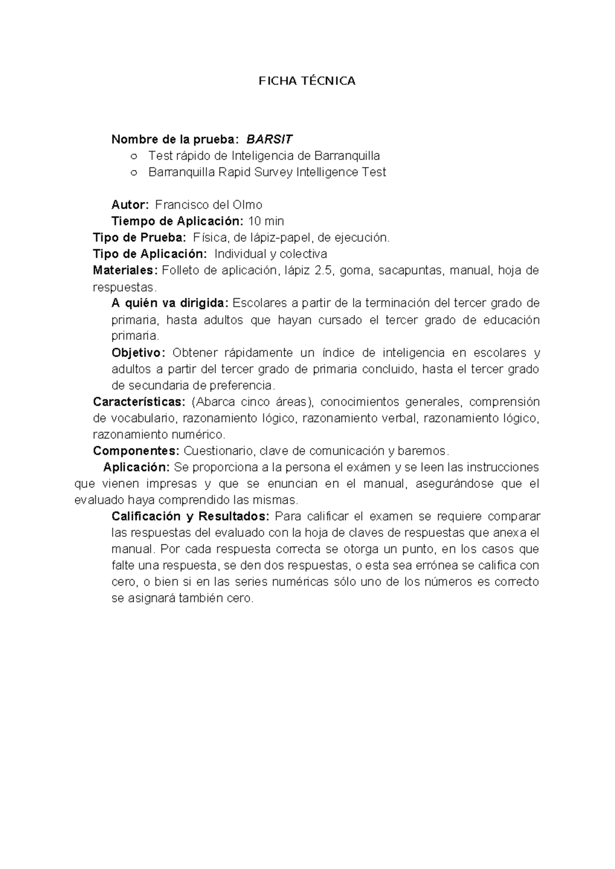 Fichas TÉ Cnicas - ficha de identificacion de pruebas psicologicas - FICHA TÉCNICA Nombre de la ...