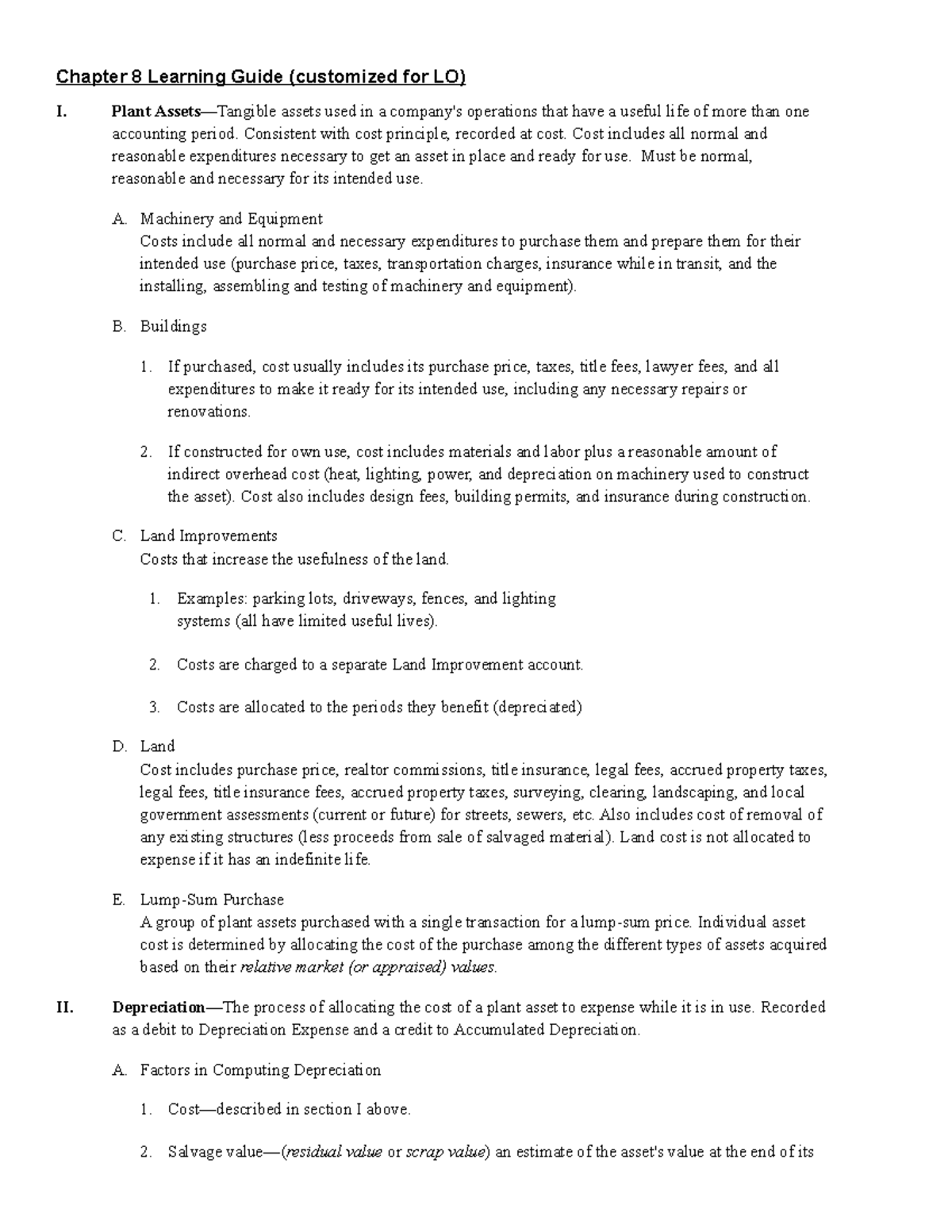 Chapter 8 Learning Guides - Chapter 8 Learning Guide (customized for LO) I. Plant Assets ...