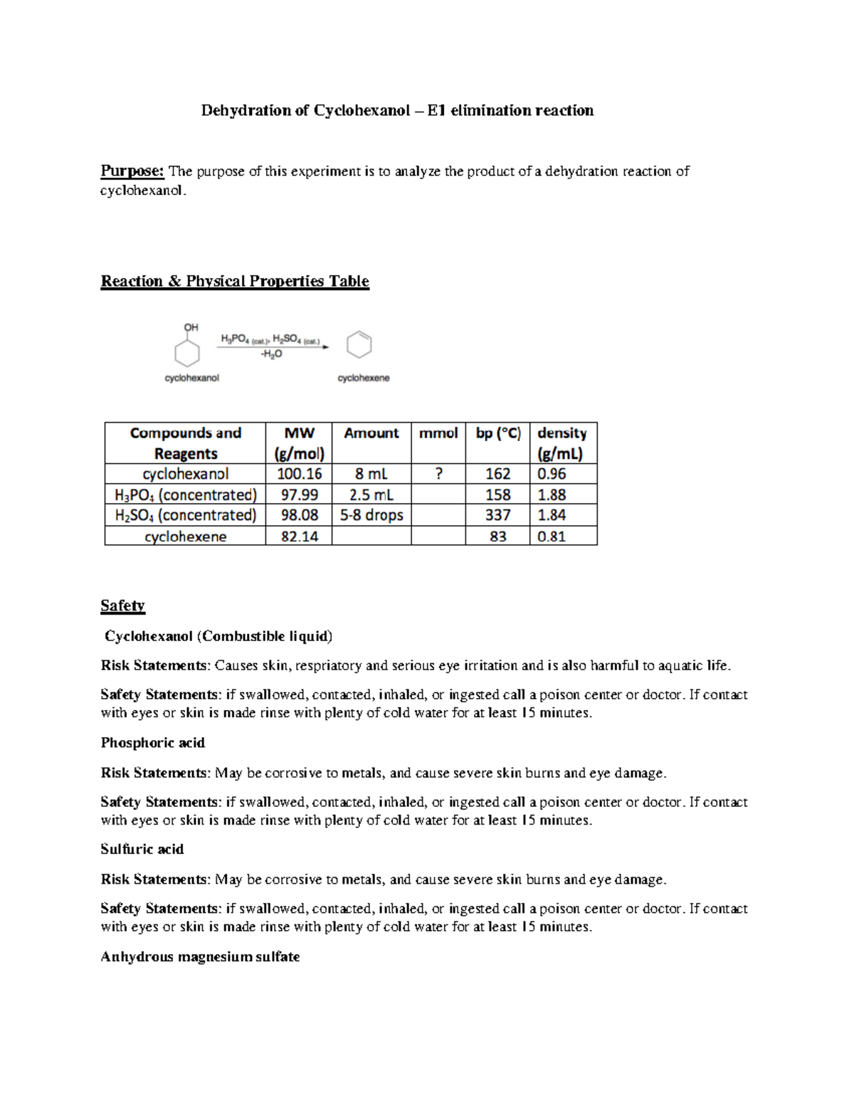 Ochem Experiment 10 - Dehydration of Cyclohexanol – E1 elimination ...