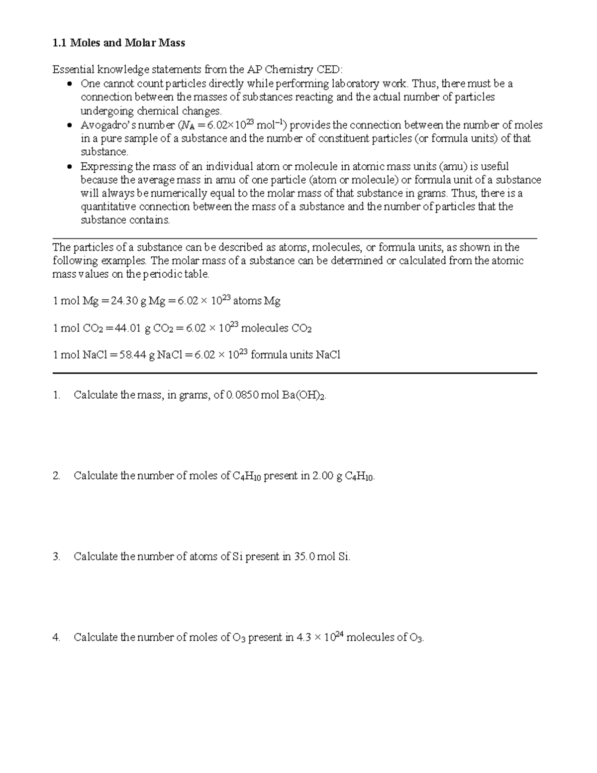 Topics 1.1 - 1.3 - none - 1 Moles and Molar Mass Essential knowledge ...