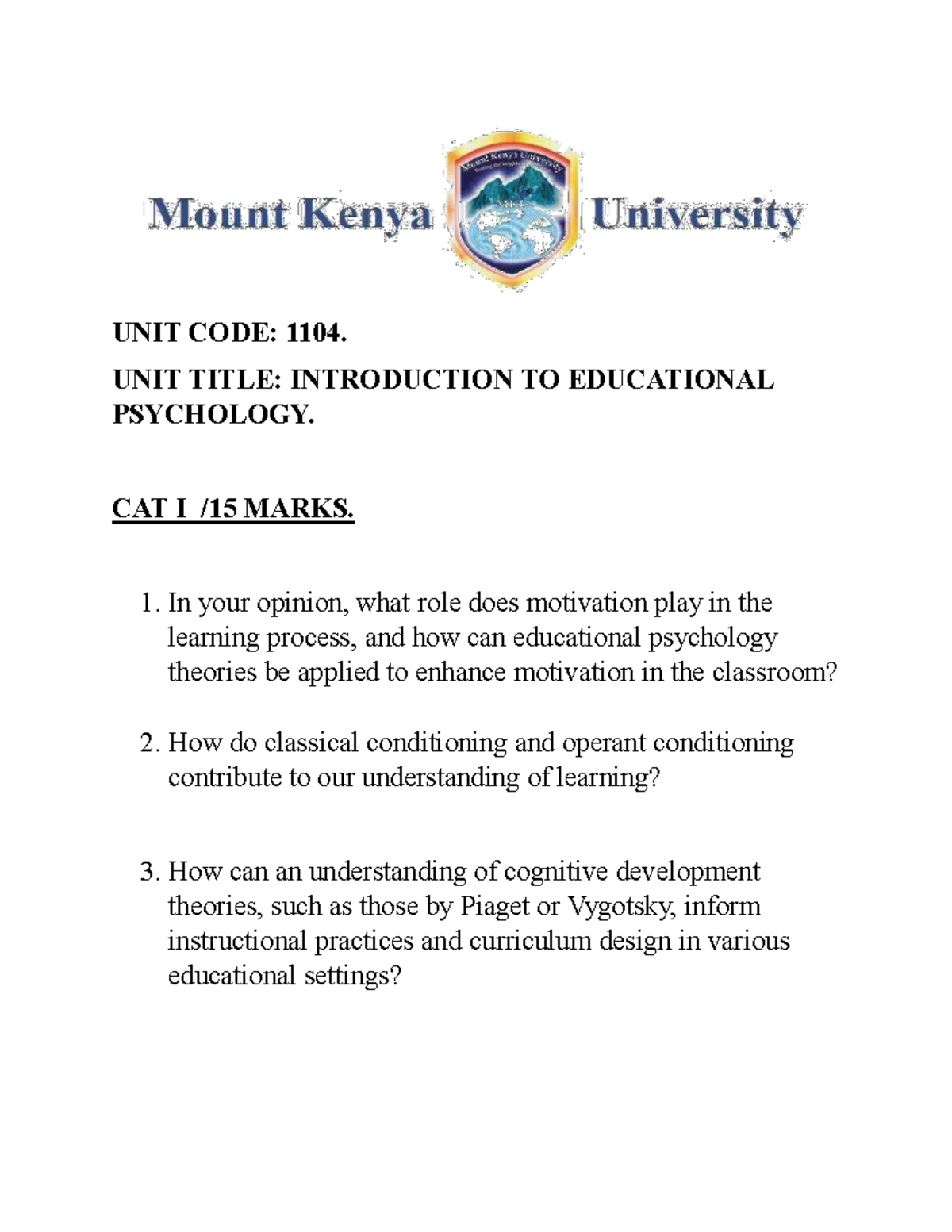 CAT 1 2 1 - UNIT CODE: 1104. UNIT TITLE: INTRODUCTION TO EDUCATIONAL ...