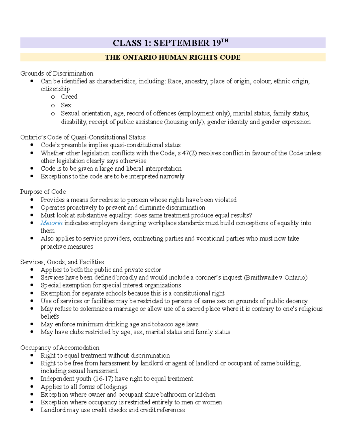 Summary - CLASS 1: SEPTEMBER 19TH THE ONTARIO HUMAN RIGHTS CODE Grounds ...