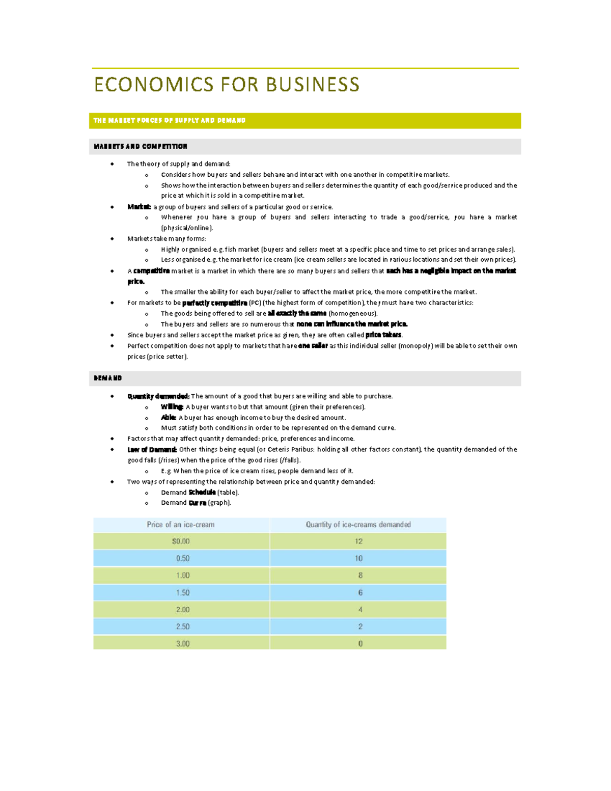 Economics Summary - ECONOMICS FOR BUSINESS THE MARKET FORCES OF SUPPLY ...