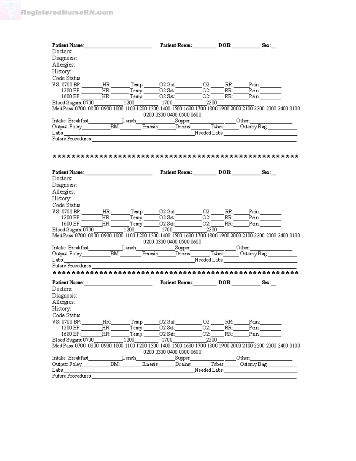 Nursing report tool sheet for assessments - Patient Name ...