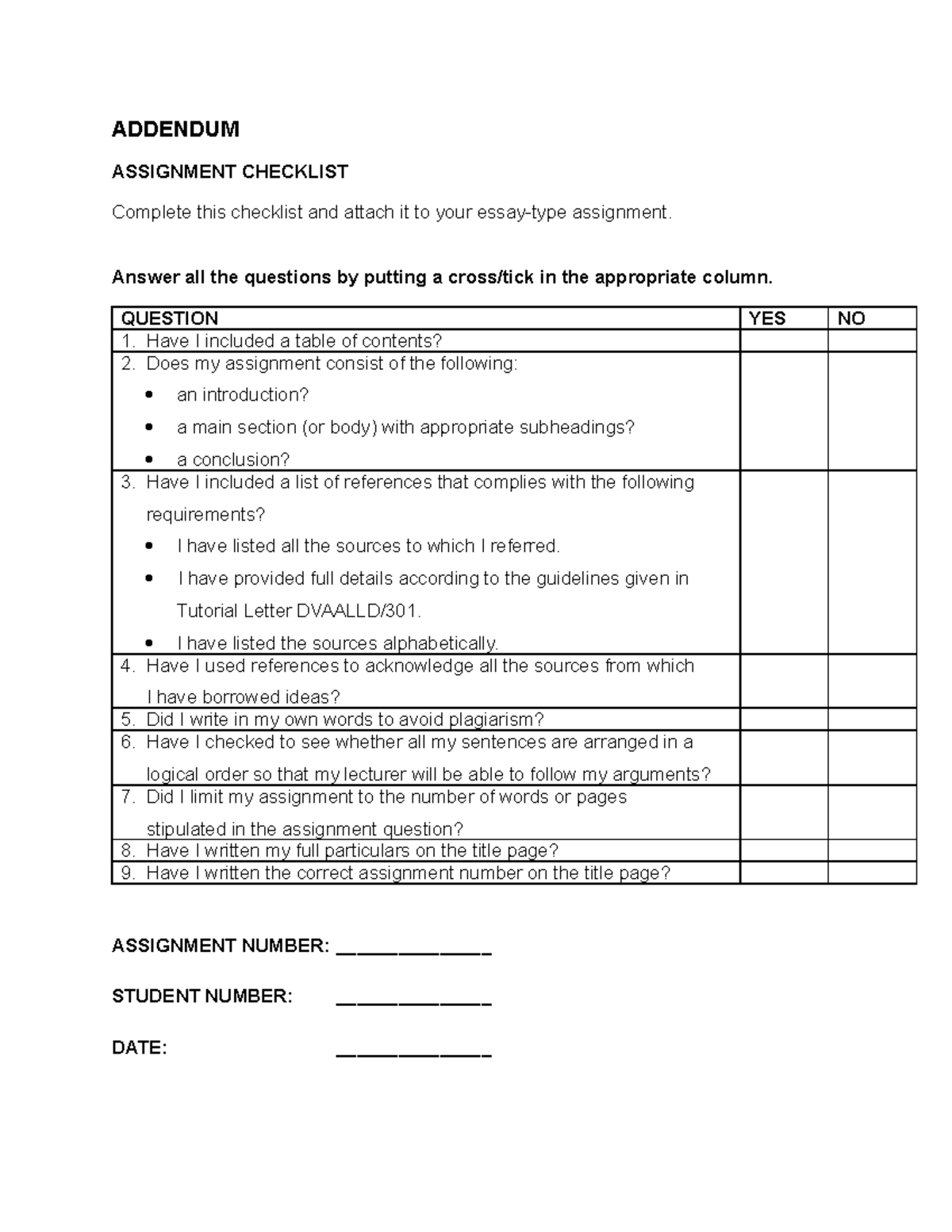 DVA1501 assignment checklist - ADDENDUM ASSIGNMENT CHECKLIST Complete ...