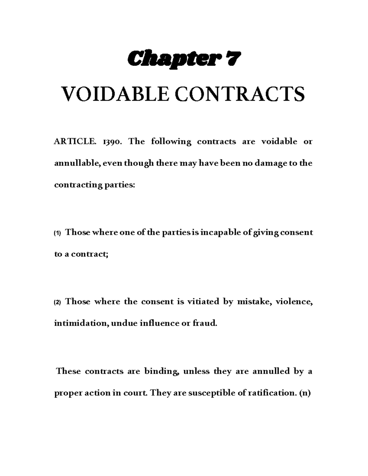 Chapter 7 Voidable Contracts Chapter 7 VOIDABLE CONTRACTS ARTICLE