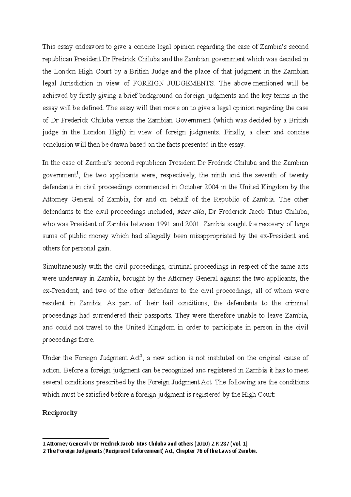 Chiluba CASE Essay - Recognition and Enforcement of Judgements - This ...