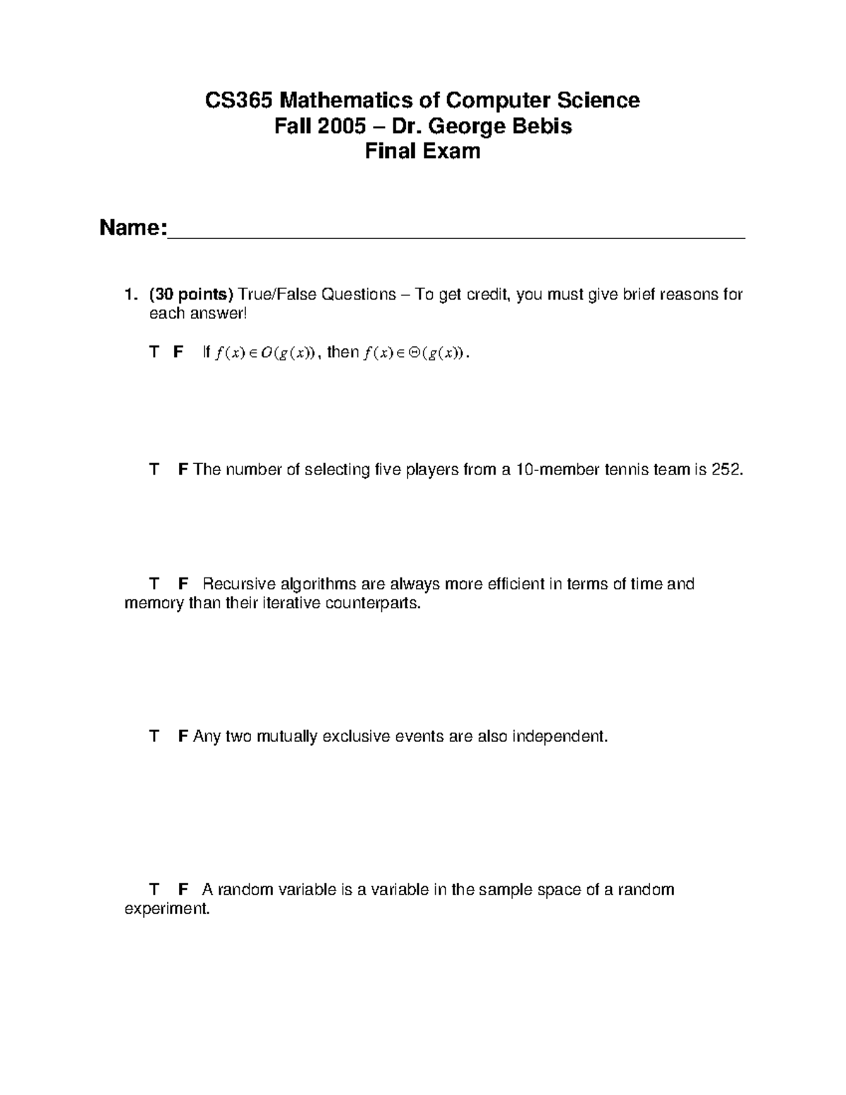 Sample Final Exam - CS365 Mathematics of Computer Science Fall 2005 ...