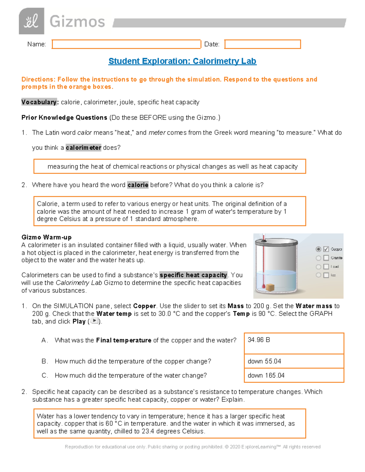 Copy of Calorimetry Lab SE - Name: Date: Student Exploration ...