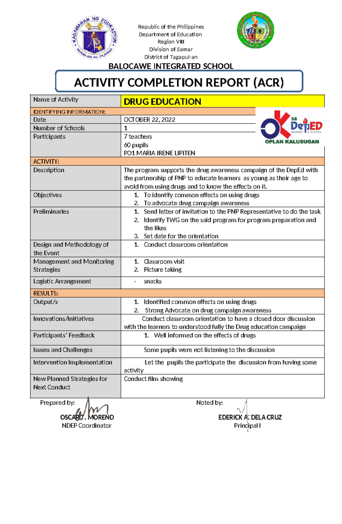 Narrative Accomplishment Report on National Learning Camp program of ...