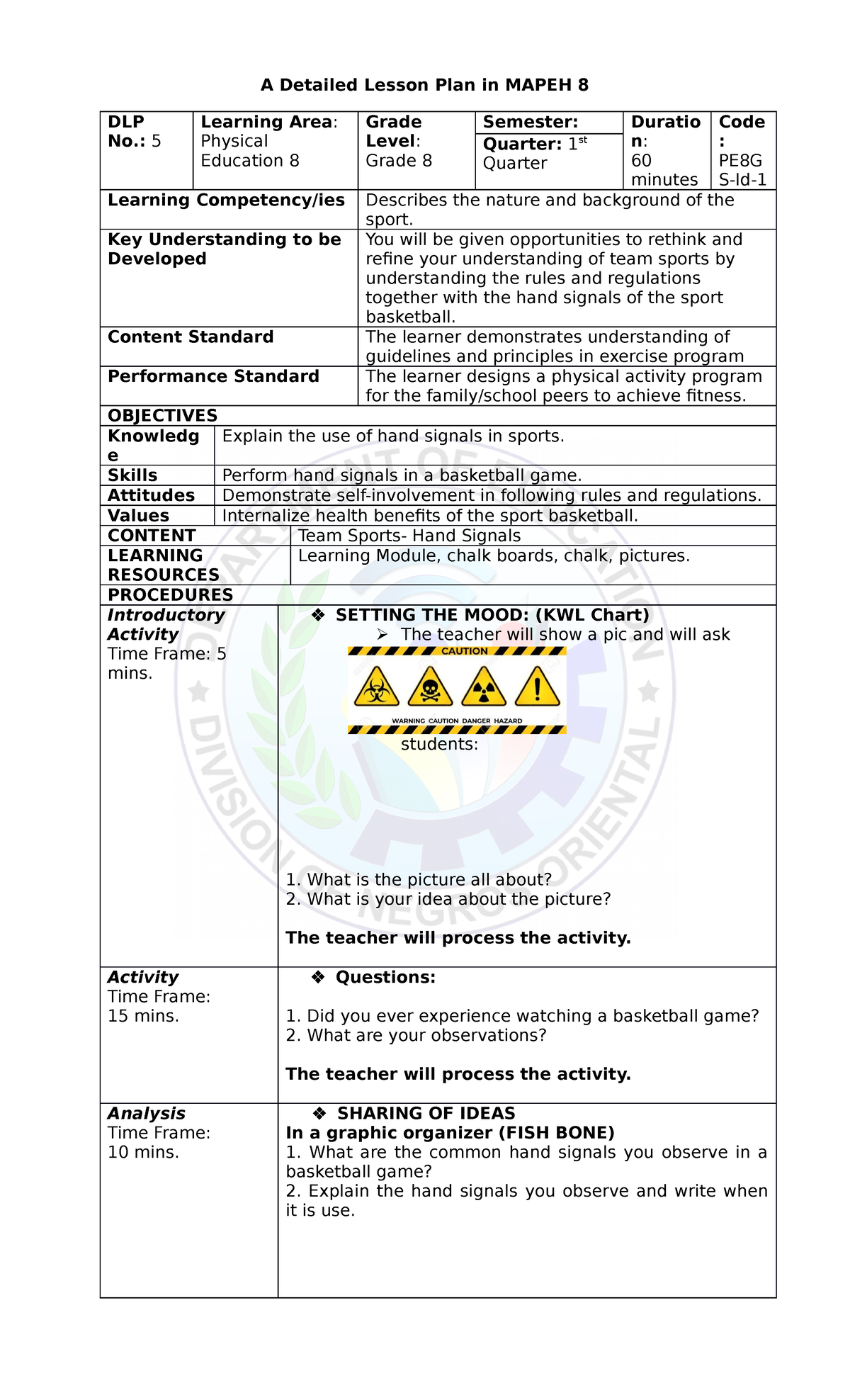 PE8 Q1 DLP5 - LESSON PLAN - A Detailed Lesson Plan in MAPEH 8 DLP No.: 5 Learning Area: Physical ...