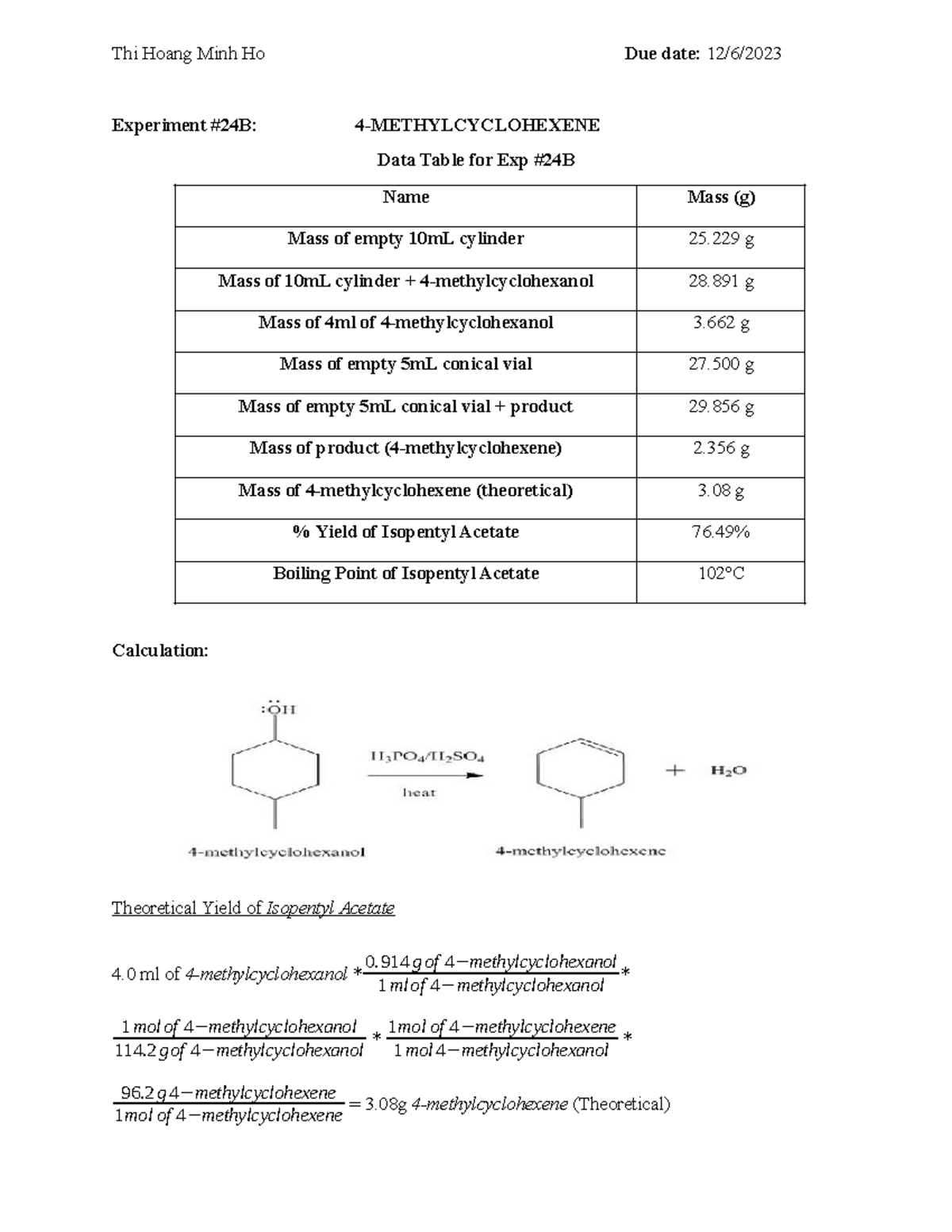 Lab report 24B chem 249 - Thi Hoang Minh Ho Due date: 12/6/ Experiment ...