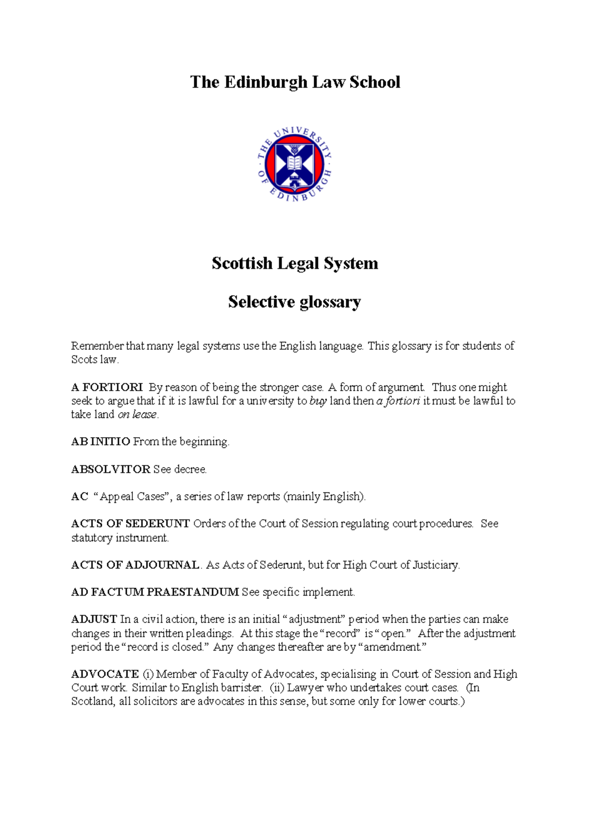 SLS Legal Terms - The Edinburgh Law School Scottish Legal System Selective glossary Remember ...