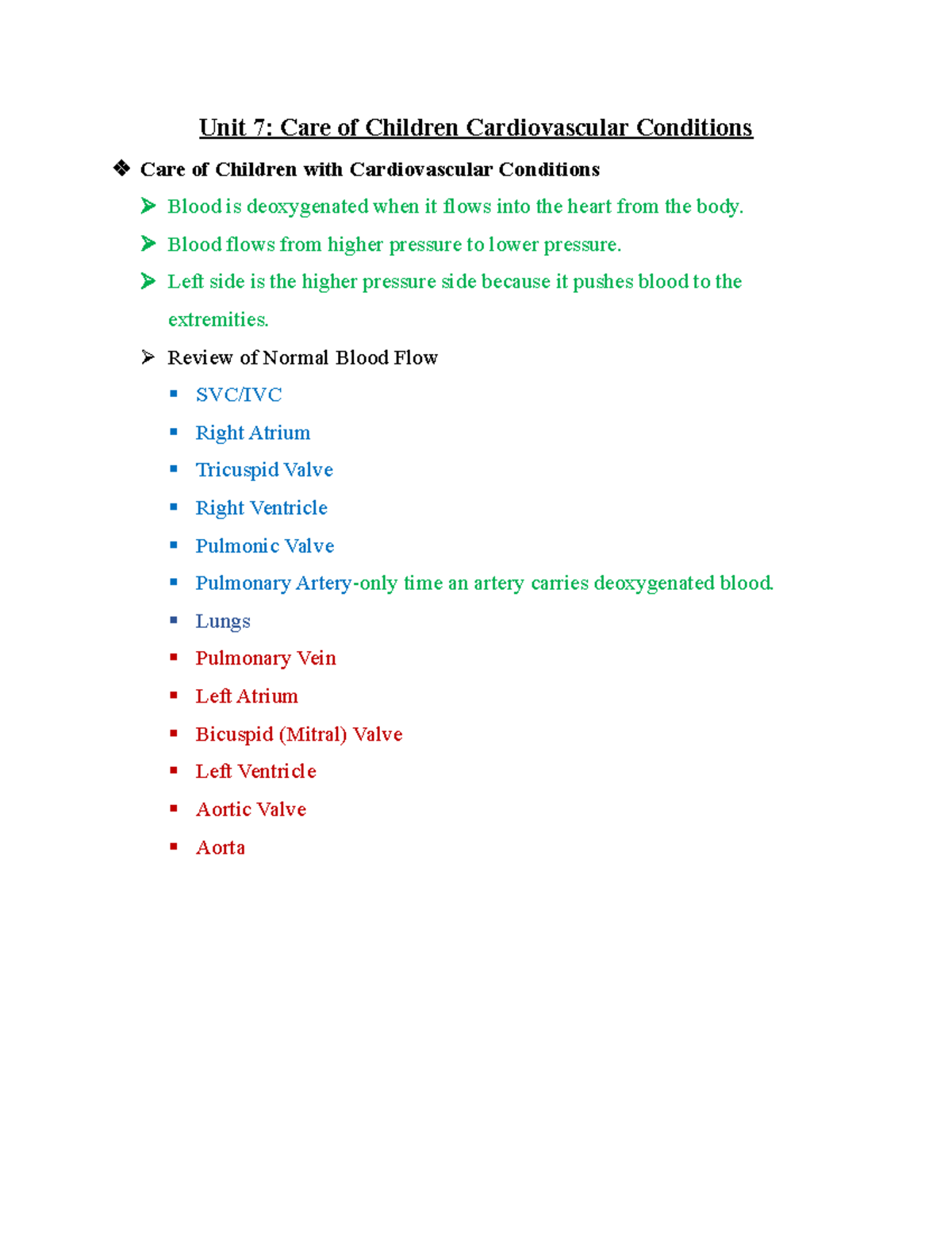 Unit 7-care of children cardio - Unit 7: Care of Children ...