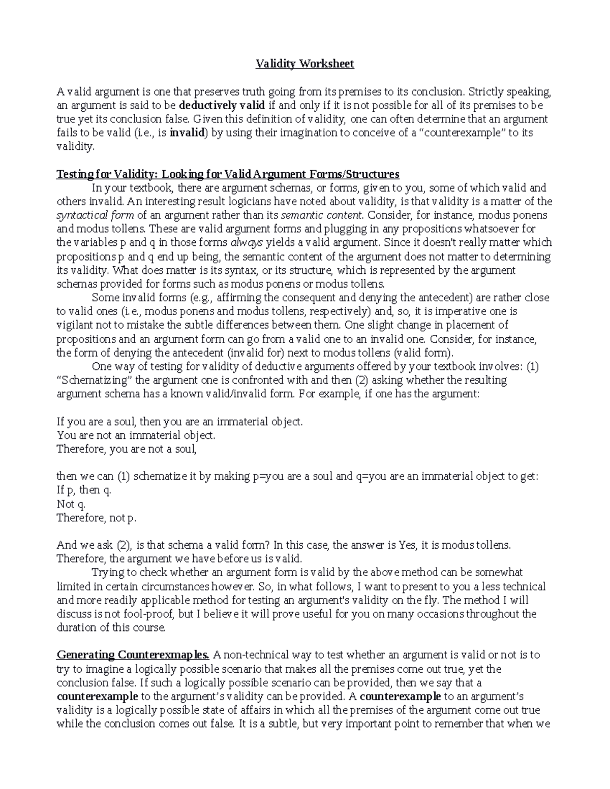 Validity Worksheet(1) - Validity Worksheet A valid argument is one that ...