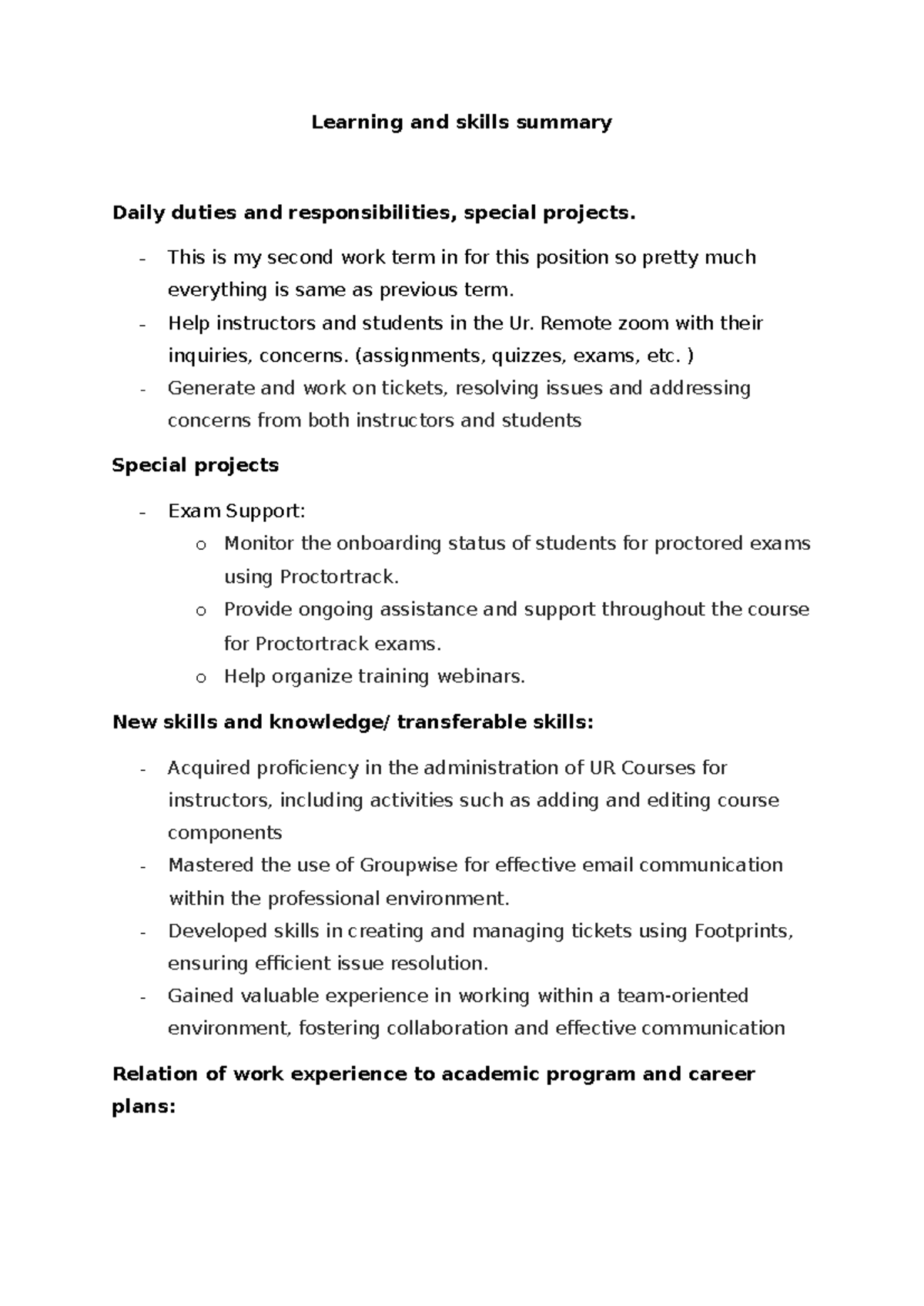 Learning and skill summary - Learning and skills summary Daily duties ...