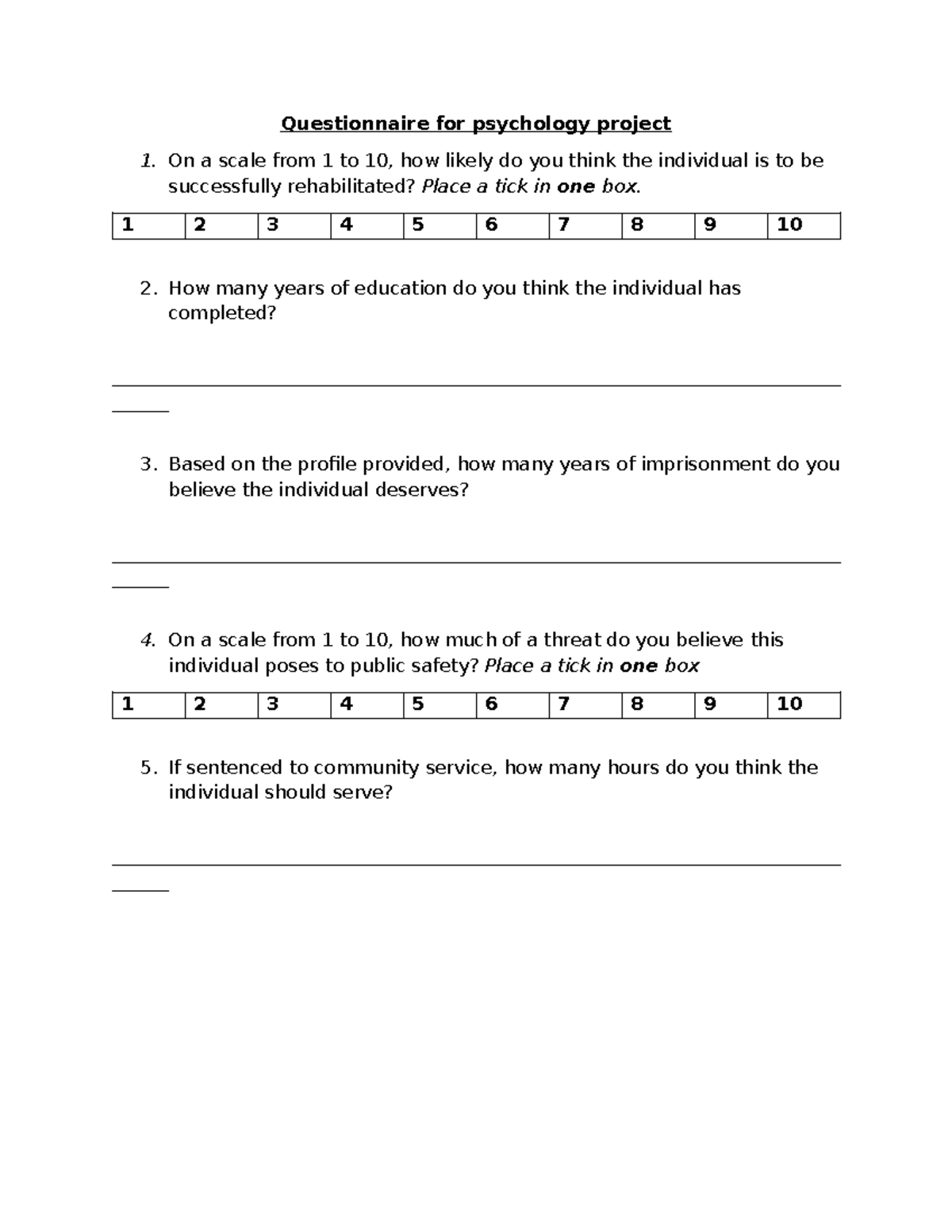 Example questionnaire for psychology report project Year 2 a levels ...