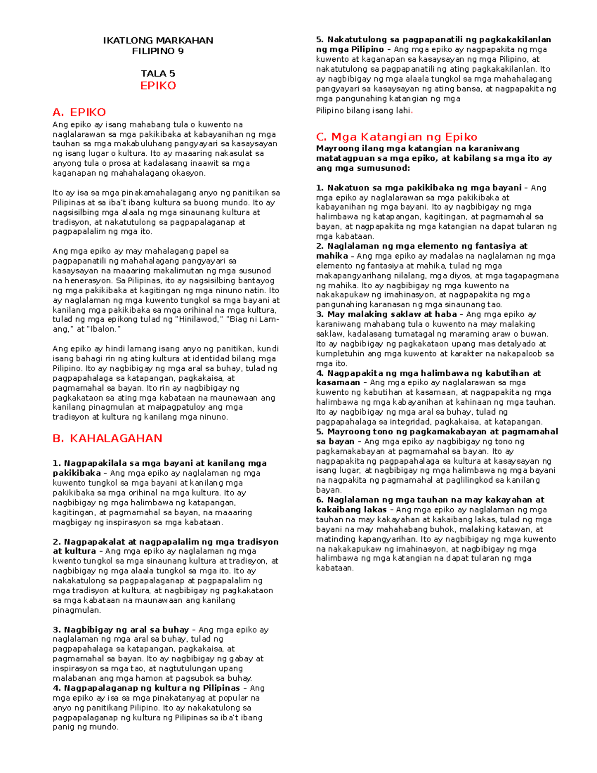 TALA-5 - hays - IKATLONG MARKAHAN FILIPINO 9 TALA 5 EPIKO A. EPIKO Ang ...