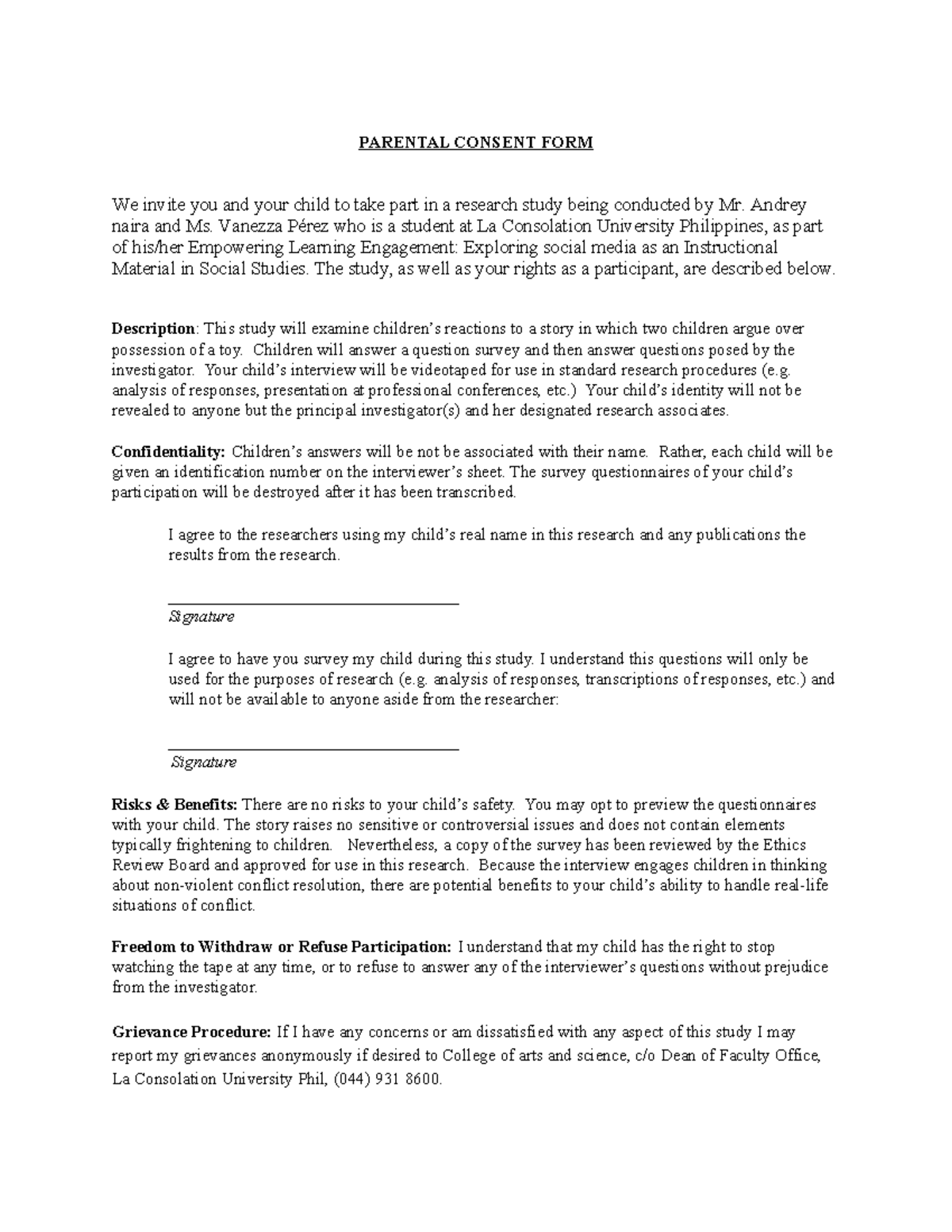 Parent - PARENTAL CONSENT FORM We invite you and your child to take ...