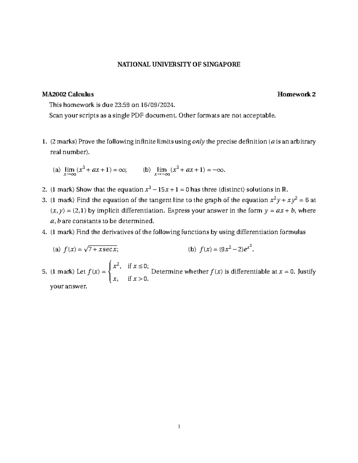 MA2002-HW2 - Homework 2 - NATIONAL UNIVERSITY OF SINGAPORE MA2002 Calculus Homework 2 This ...