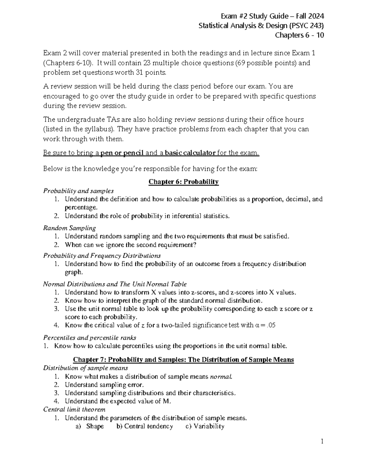 Stats-Exam 2 Study Guide-Fall24 v1 - Statistical Analysis & Design ...