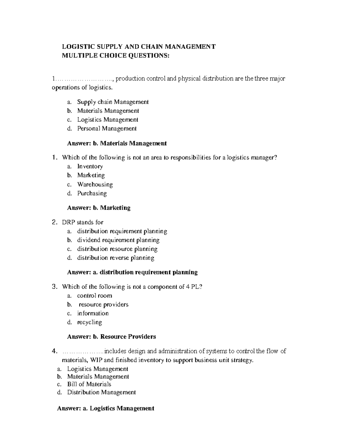 Logistic - LOGISTIC SUPPLY AND CHAIN MANAGEMENT MULTIPLE CHOICE ...
