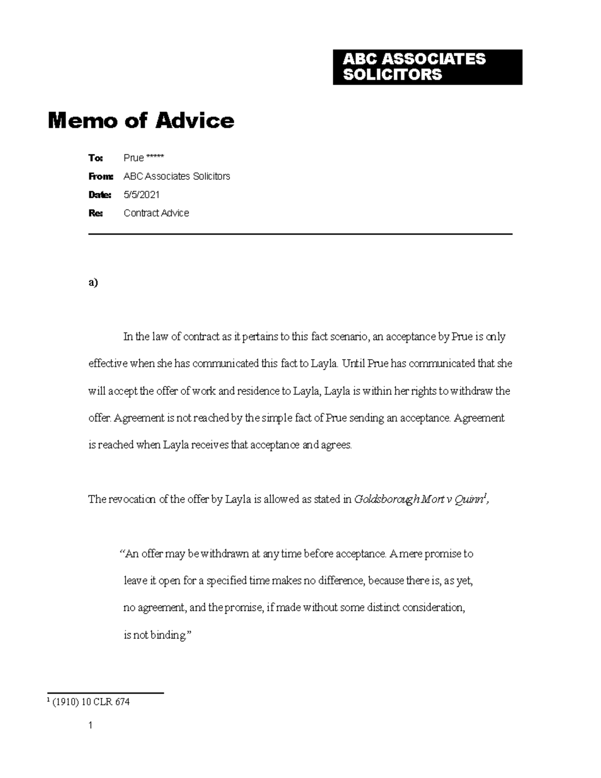 Contract Advice - Grade: 26/30 - ABC ASSOCIATES SOLICITORS Memo of ...