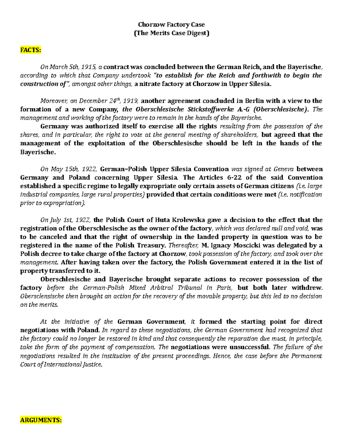 Chorzow Factory Case Digest - Chorzow Factory Case (The Merits Case ...