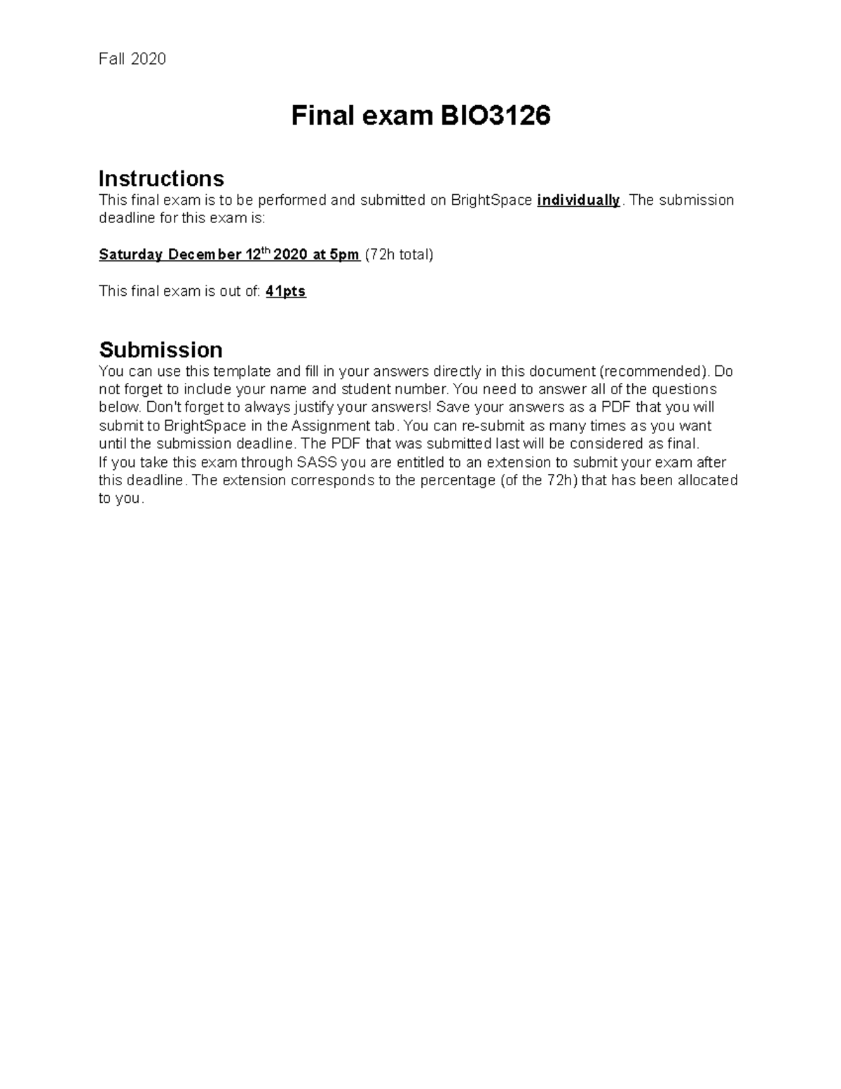 BIO3126 final exam example - Final exam BIO Instructions This final ...