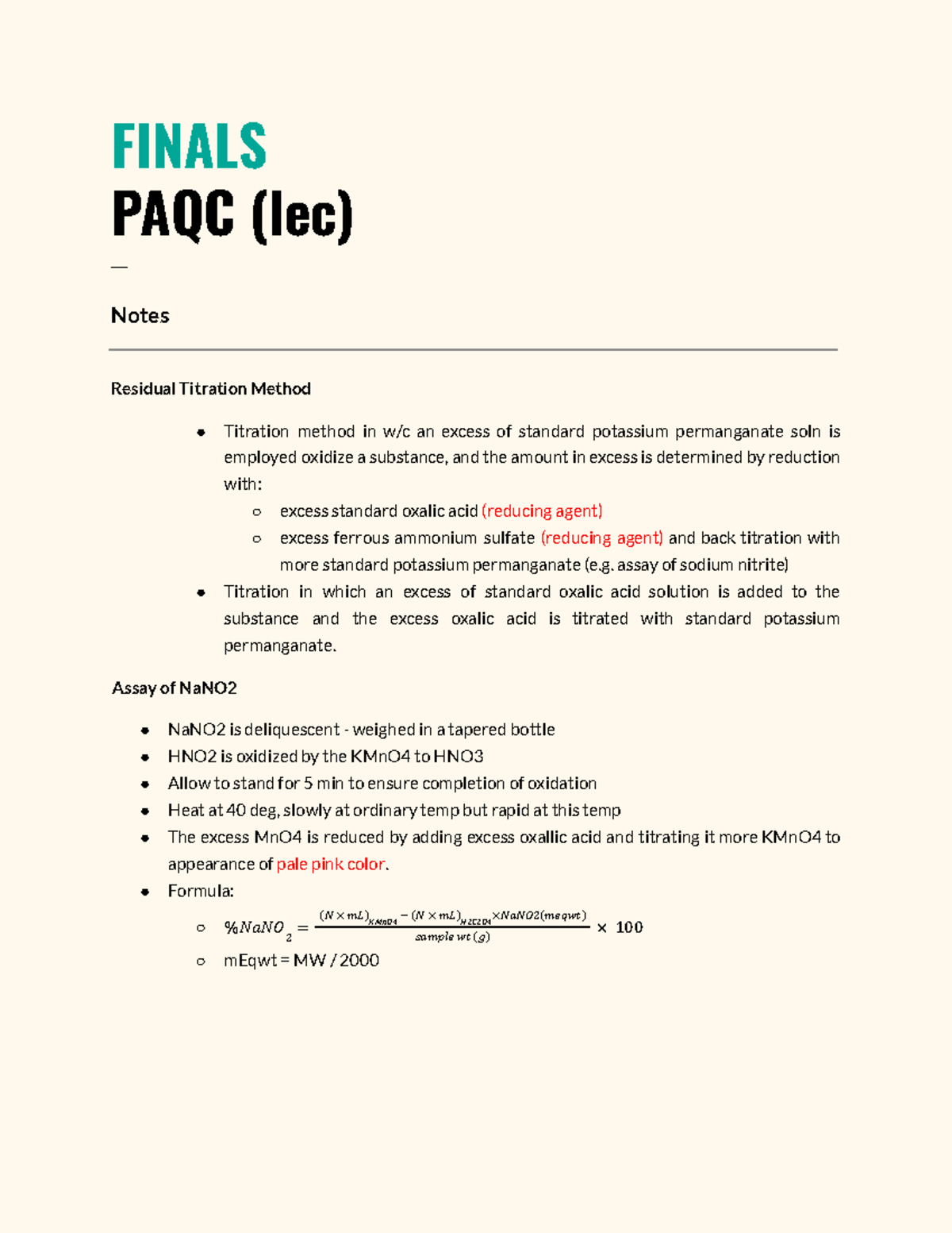 PAQC lec Finals - FINALS PAQC (lec) ___ Notes Residual Titration Method ...