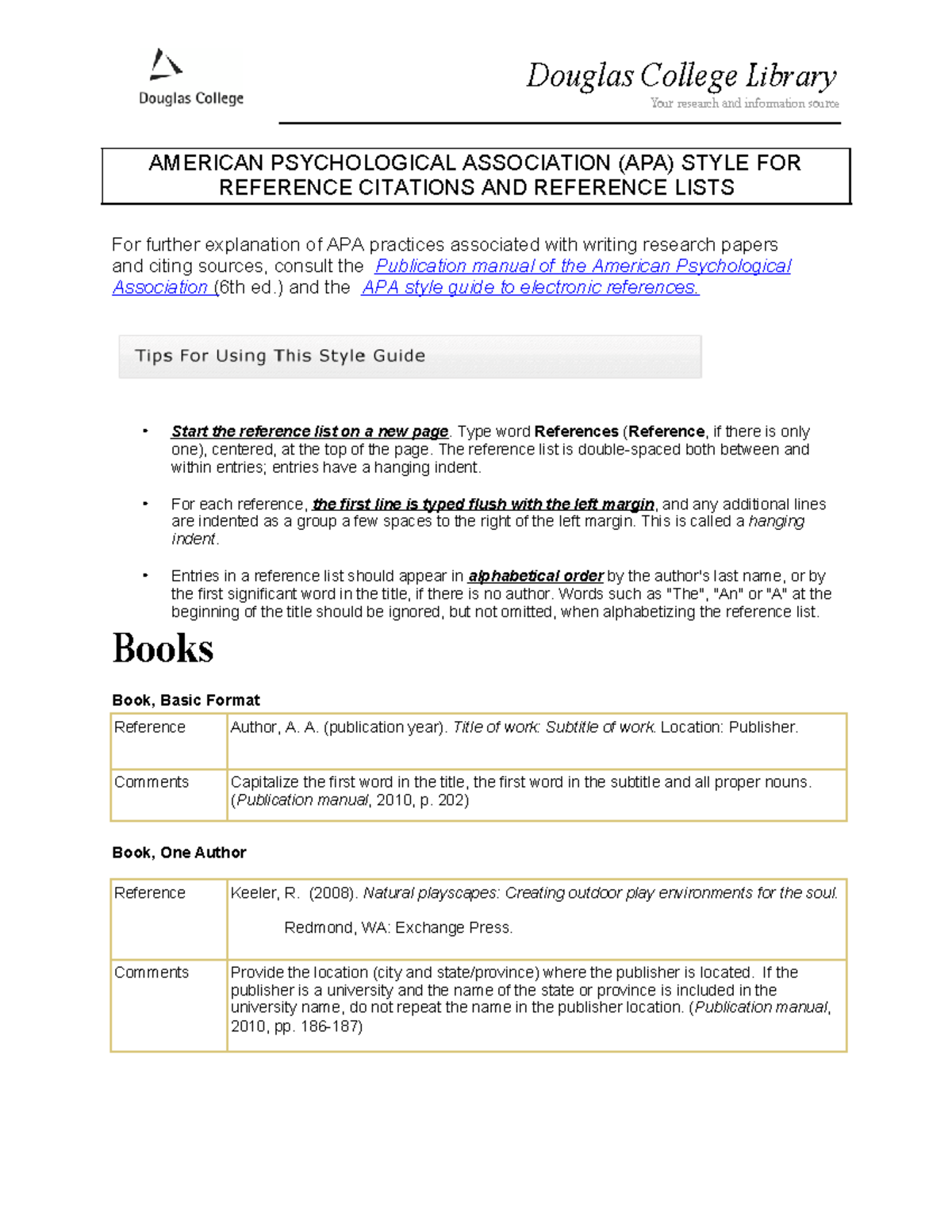 APA Short Version Proper Citation Approach - Douglas College Library ...