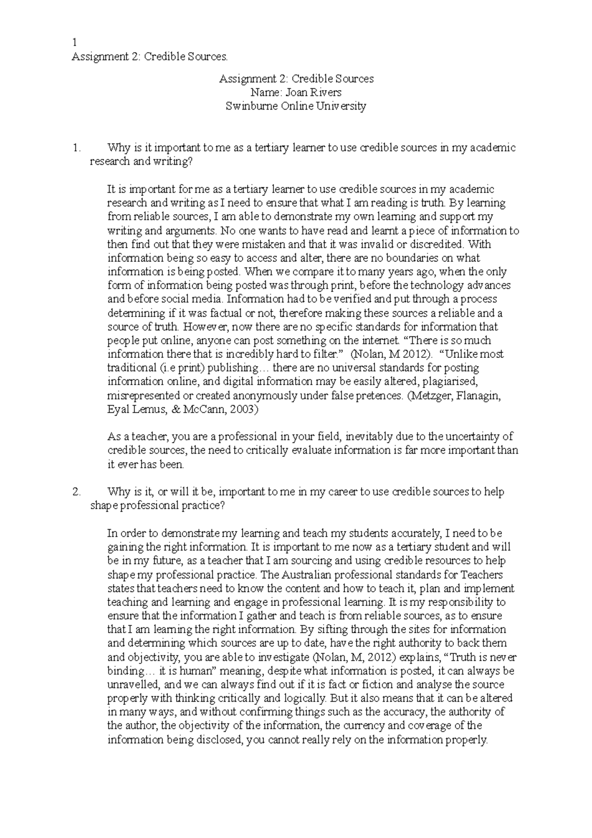Com Assignment 2 Credible Sources 1 Assignment 2 Credible Sources Assignment 2 Credible