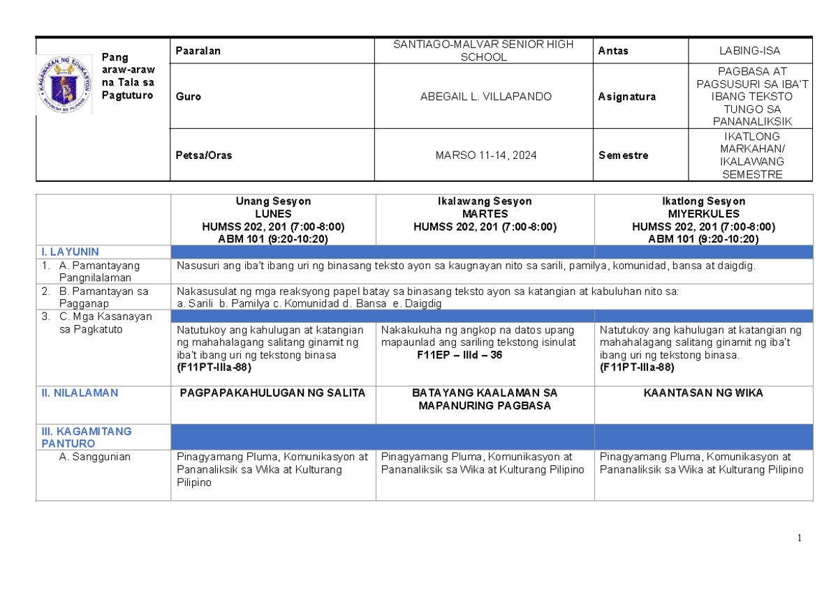 Pagbasa at Pagsusuri DLL Q3 - WEEK 7 - Pang araw-araw na Tala sa ...
