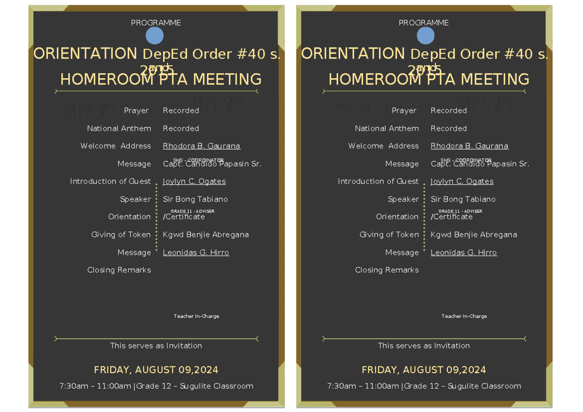 Prog - Take care - ORIENTATION DepEd Order #40 s. 2015 and HOMEROOM PTA ...