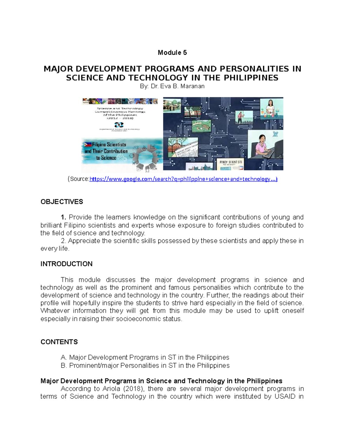 Module-5 - module for Science, technology and society - Module 5 MAJOR DEVELOPMENT PROGRAMS AND ...