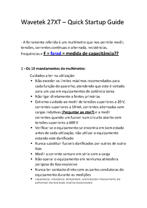 Wavetek 27XT - Startup Guide Multímetro - Wavetek 27XT – Quick Startup ...