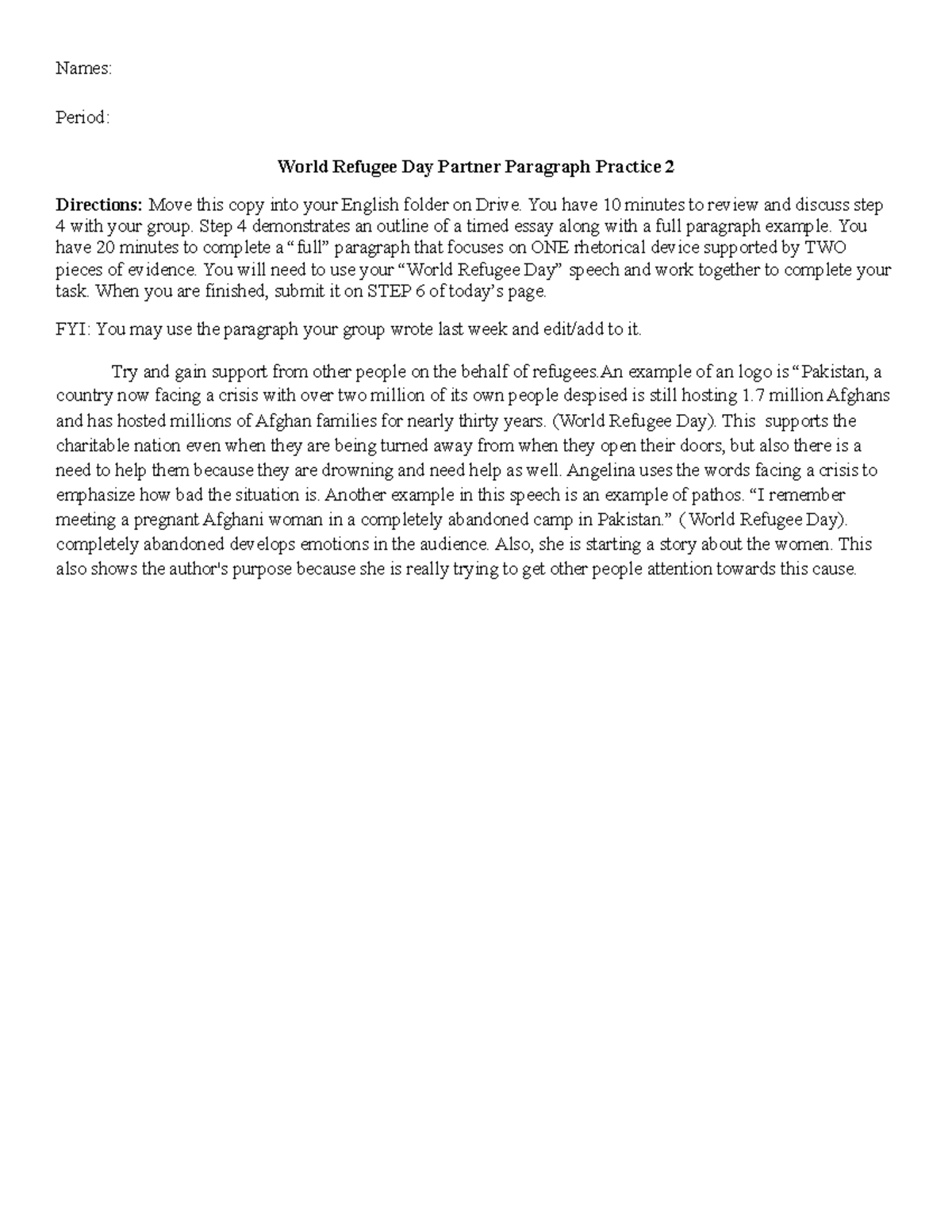 World Refugee Day Partner Paragraph Practice 2 - Names: Period: World ...