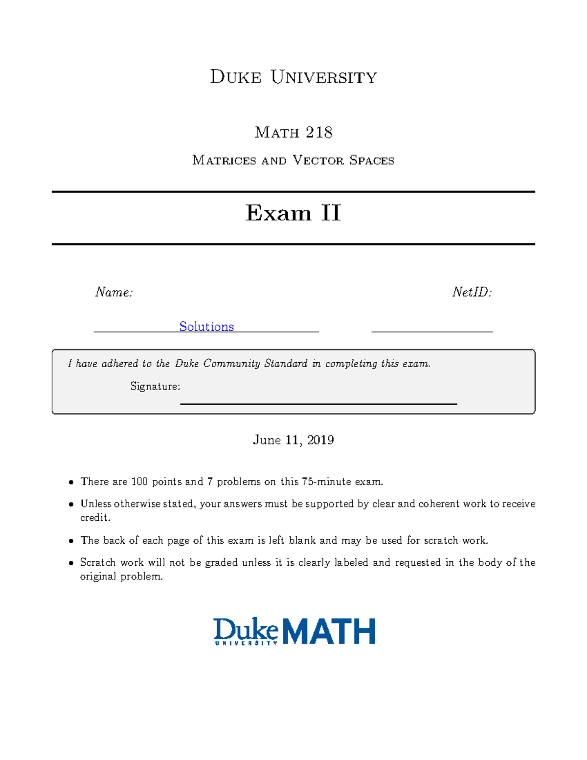 218su19-exam02-solutions - Duke University Math 218 Matrices and Vector ...
