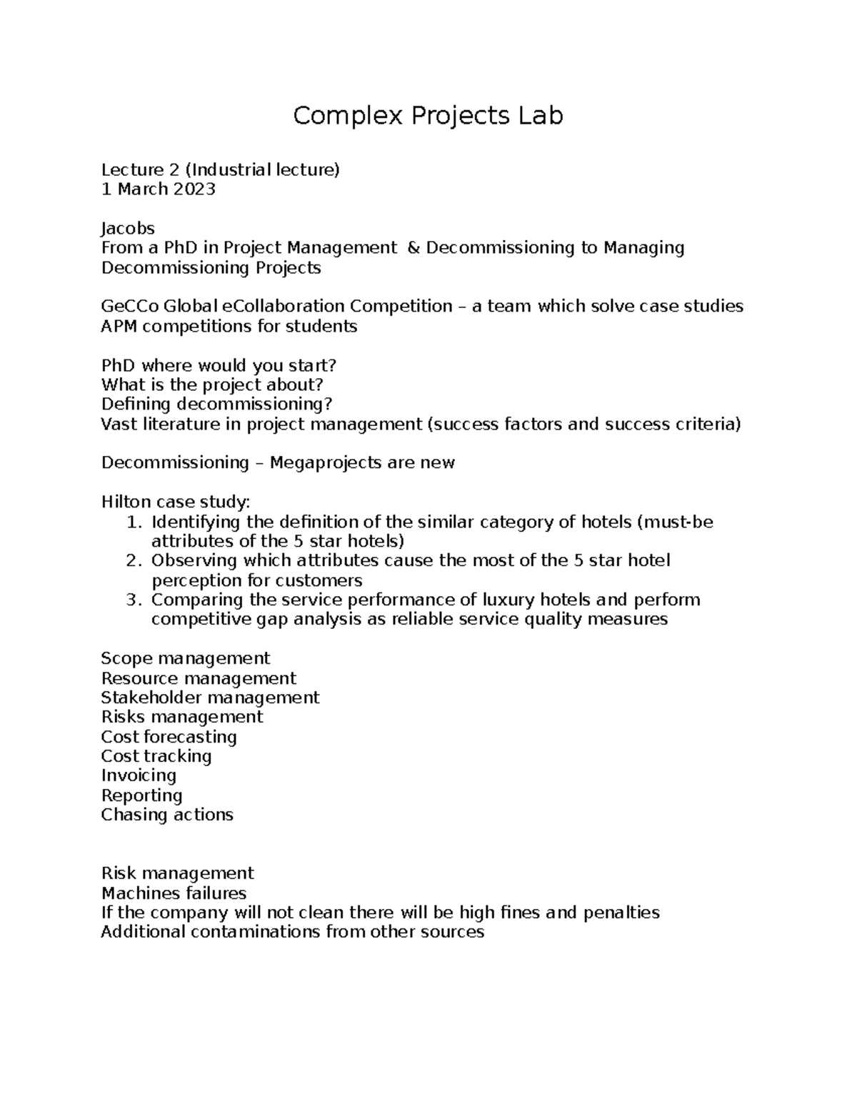 Complex Projects Lab notes - Complex Projects Lab Lecture 2 (Industrial ...