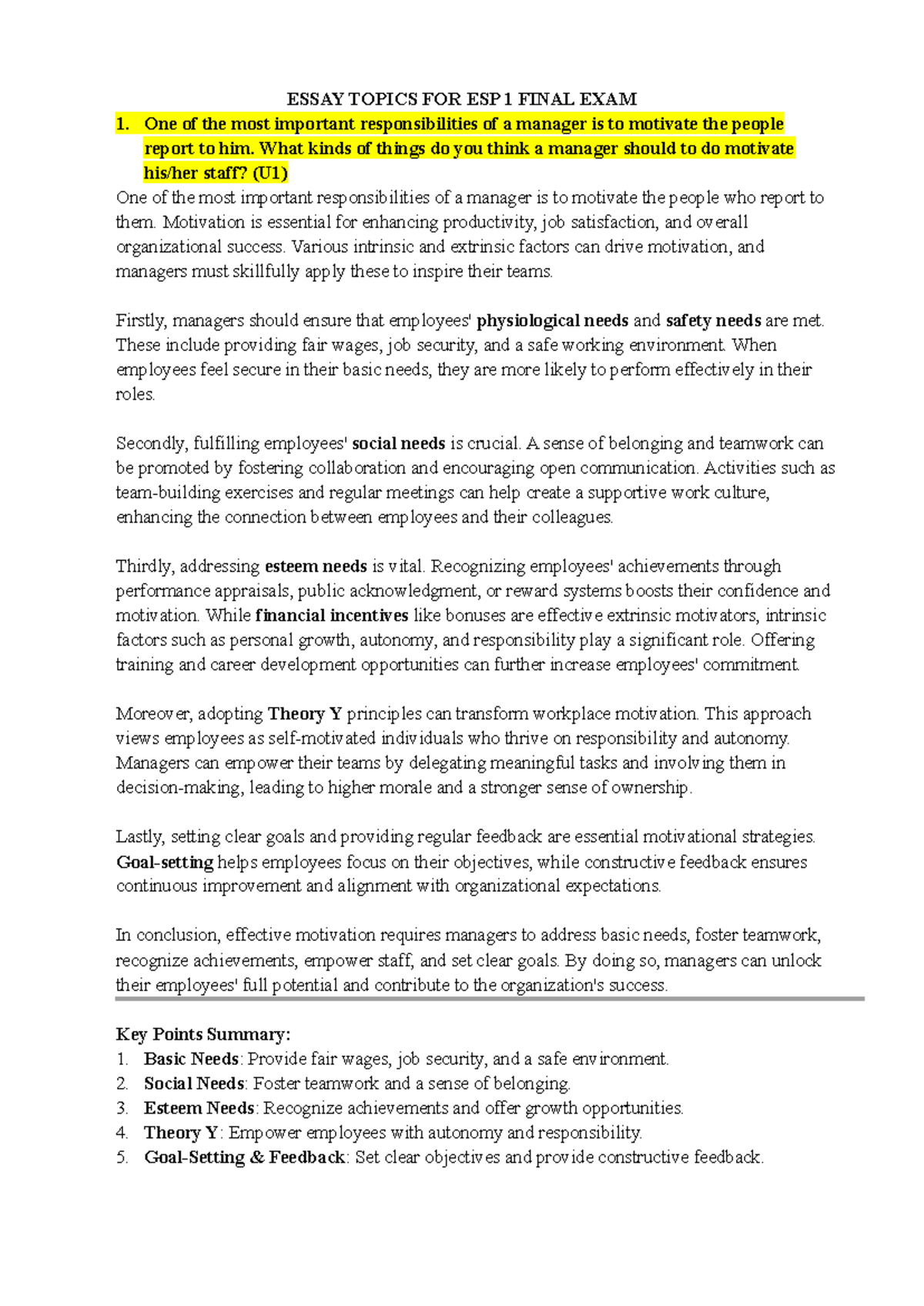 Essay Topics FOR ESP 1 Final EXAM - ESSAY TOPICS FOR ESP 1 FINAL EXAM ...