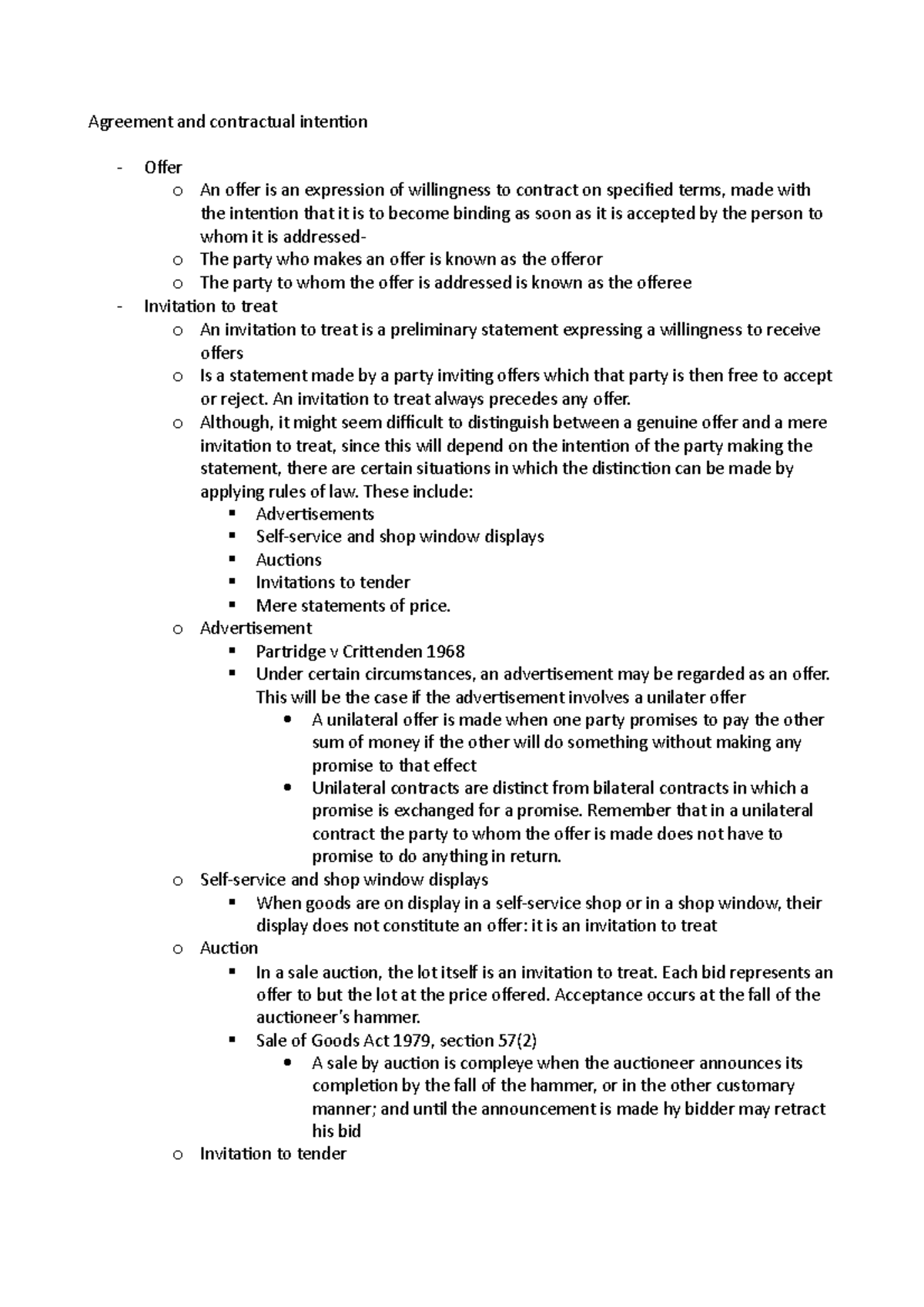 Lecture 1 Agreement and contractual intention - Agreement and ...