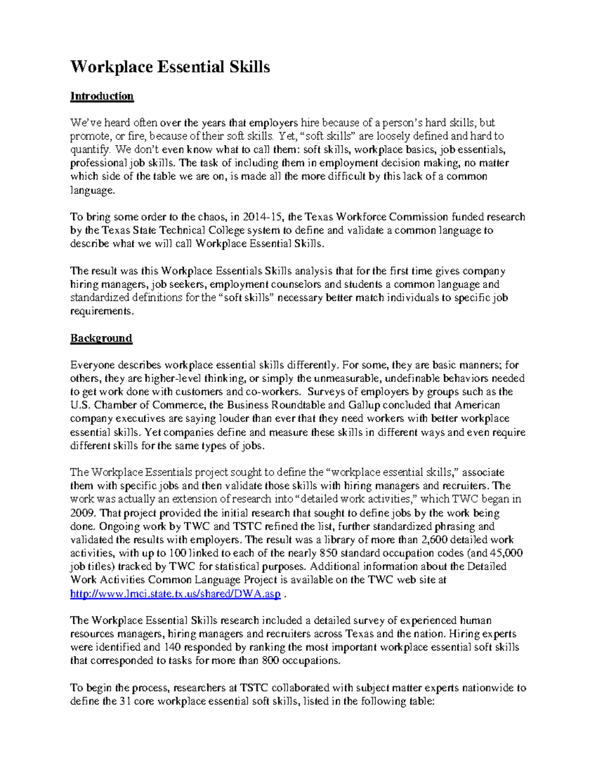 Twc workplace essential skills - Workplace Essential Skills ...