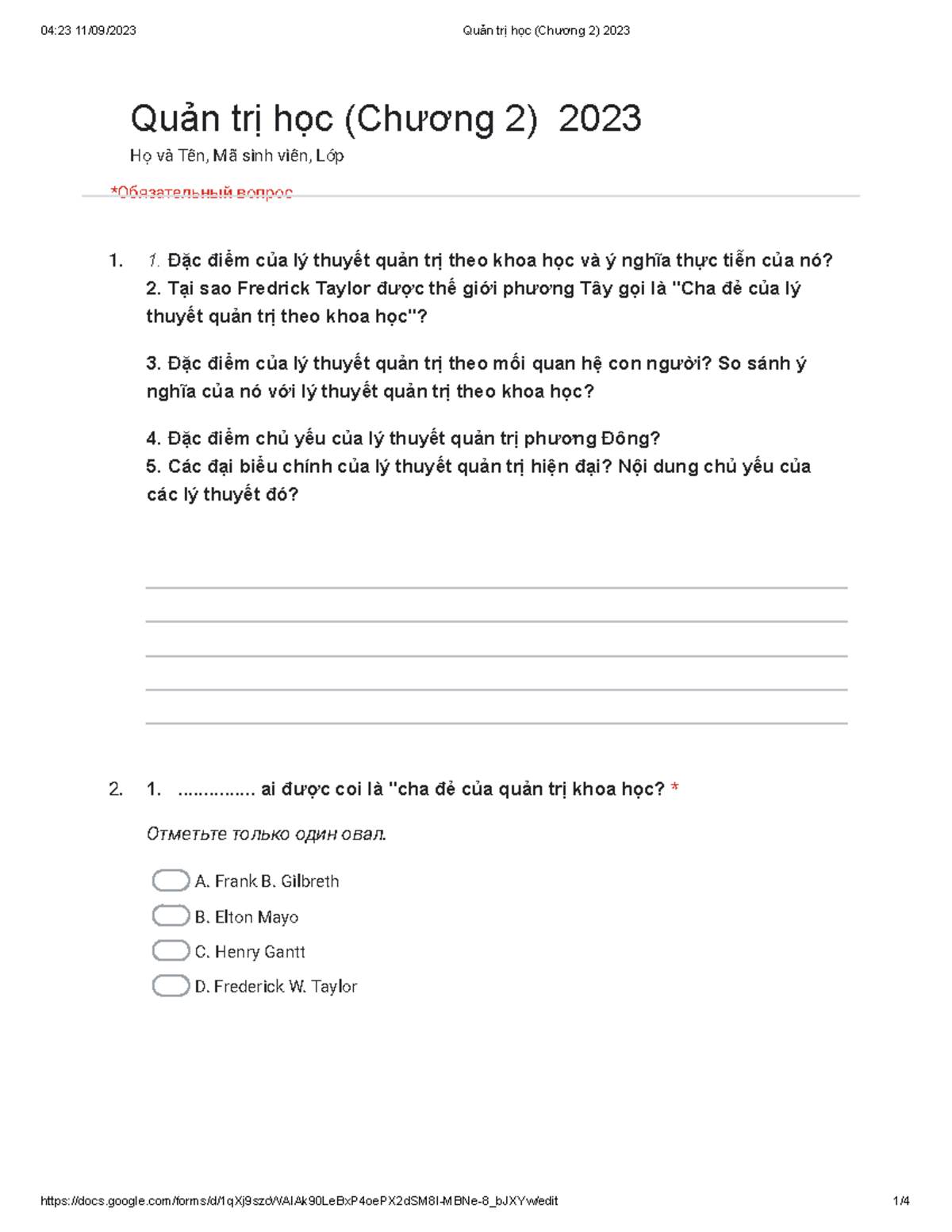 Kiểm tra QTH C2 Lộc - Google Формы - 1. 2. Отметьте только один овал. A. Frank B. Gilbreth B ...