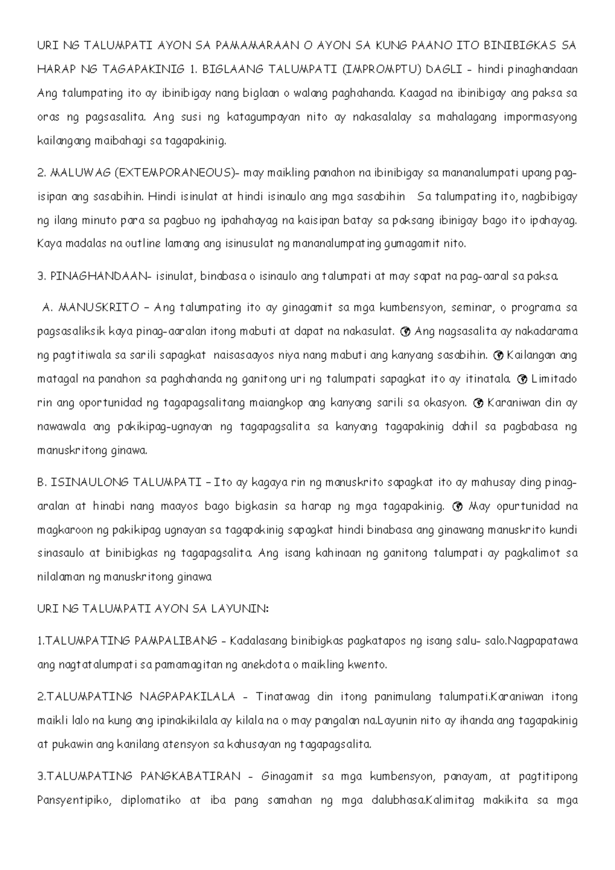 URI NG Talumpati AYON SA Pamamaraan O AYON SA KUNG Paano ITO Binibigkas ...