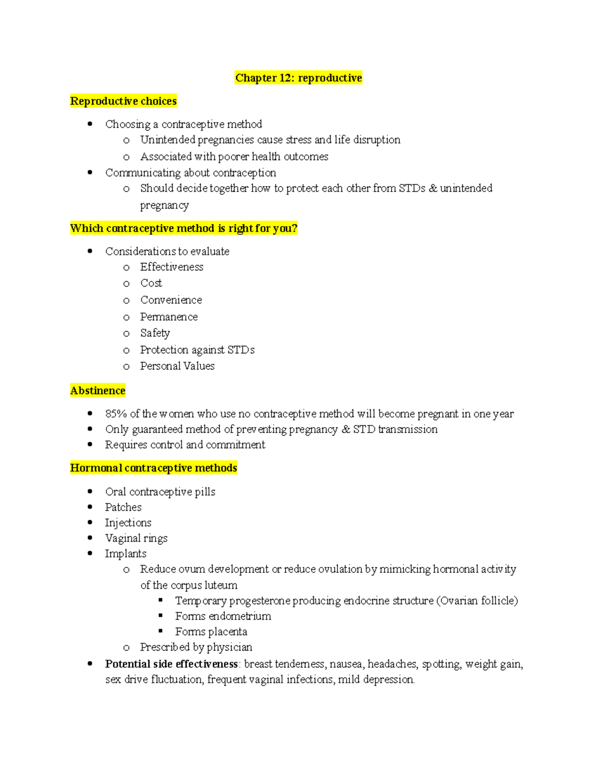 Chapter 12 - Chapter 12: reproductive Reproductive choices Choosing a ...